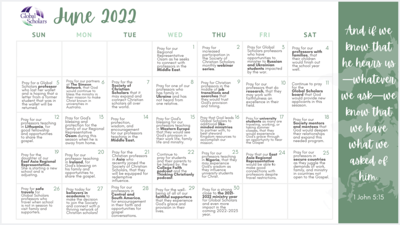 Prayer Calendar – June 2022 - Global Scholars